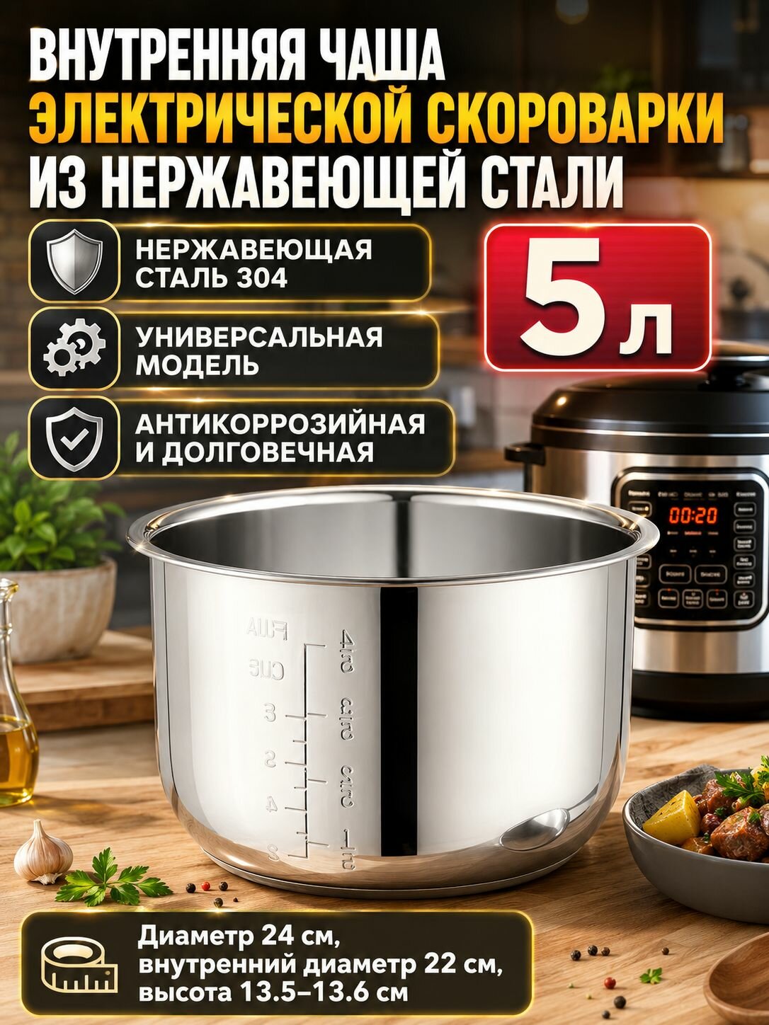 Чаша для мультиварки 5 л нержавеющая сталь 304, универсальная модель 24 см, антикоррозийная и износостойкая