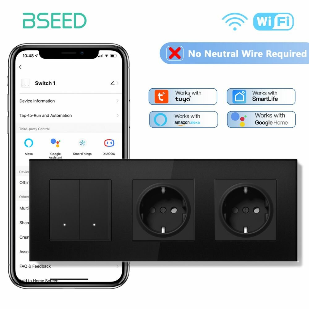 Умный выключатель Без нуля c Алисой, Легко нажать, WIFI, 3 поста (2+2 розетка), стеклянная рамка, 228mm