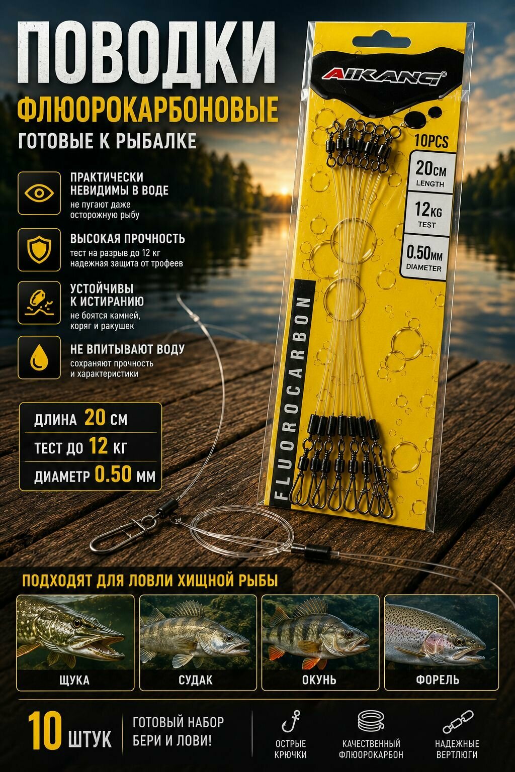 Поводки флюорокарбоновые для рыбалки 20 см 0,50 мм 12 кг, с вертлюгом и застежкой, 10 шт