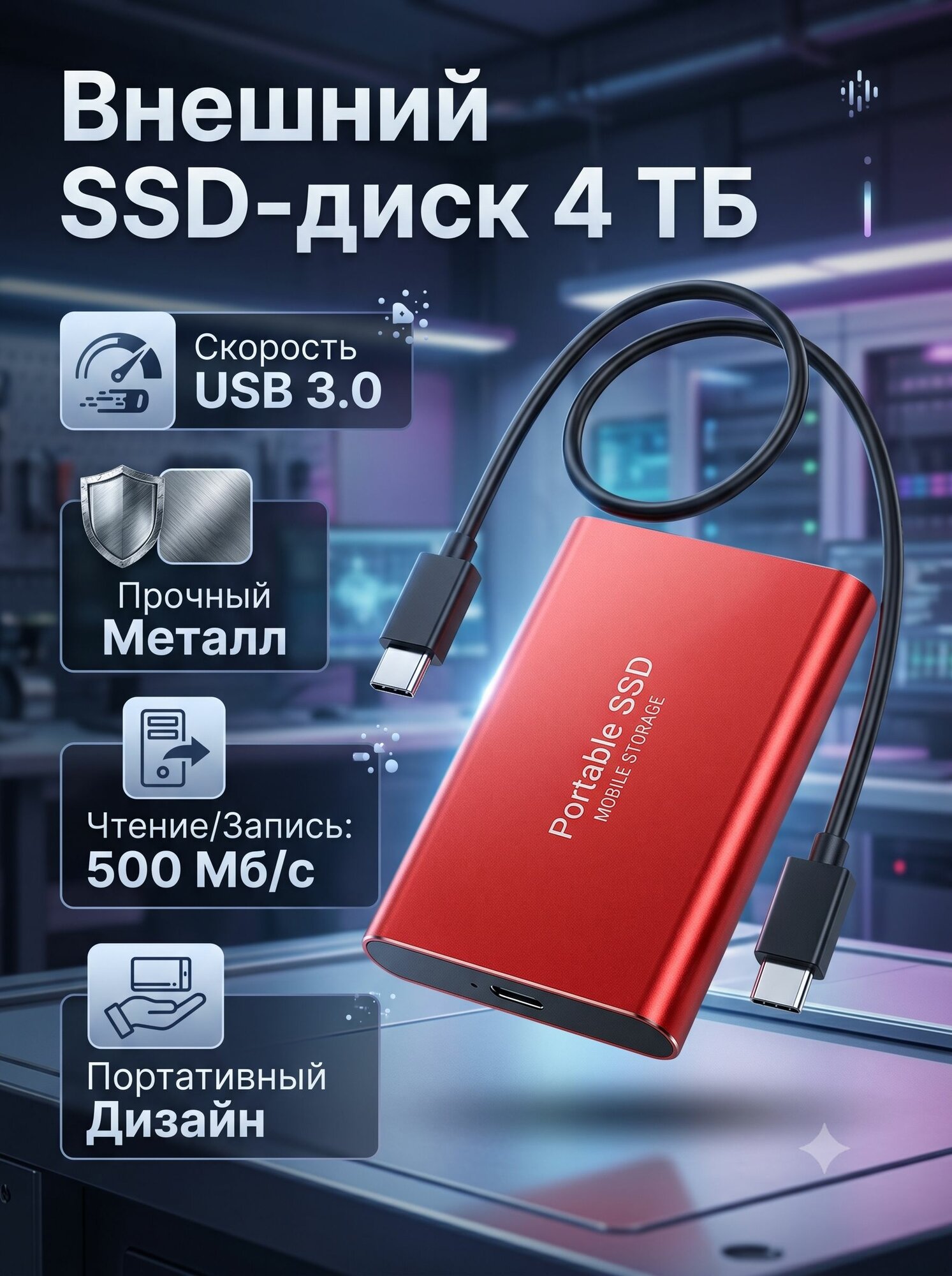 4 ТБ Внешний SSD-диск (4T), USB 3.0, чтение - 500 Мб/с, запись - 500 Мб/с, Металл, синий, черно-серый yc внешний твердотельный накопитель портативный SSD