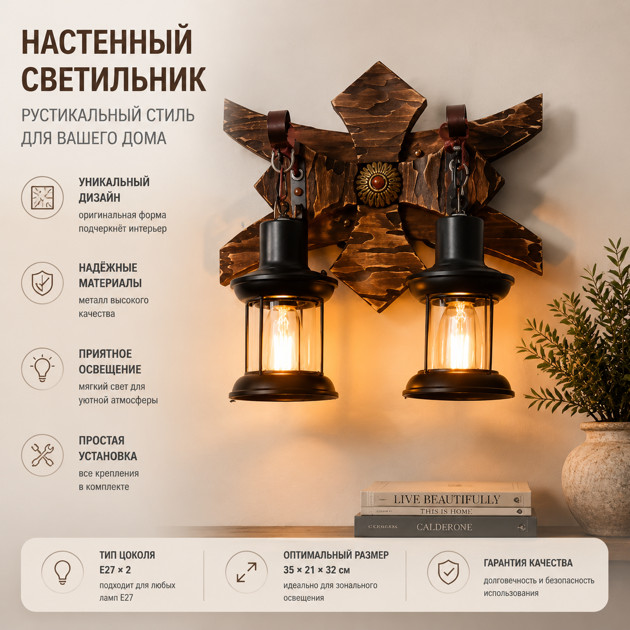Рустикальная настенная бра из обожжённого дерева, два металлических плафона, цоколь E27, размер 35×21×32 см