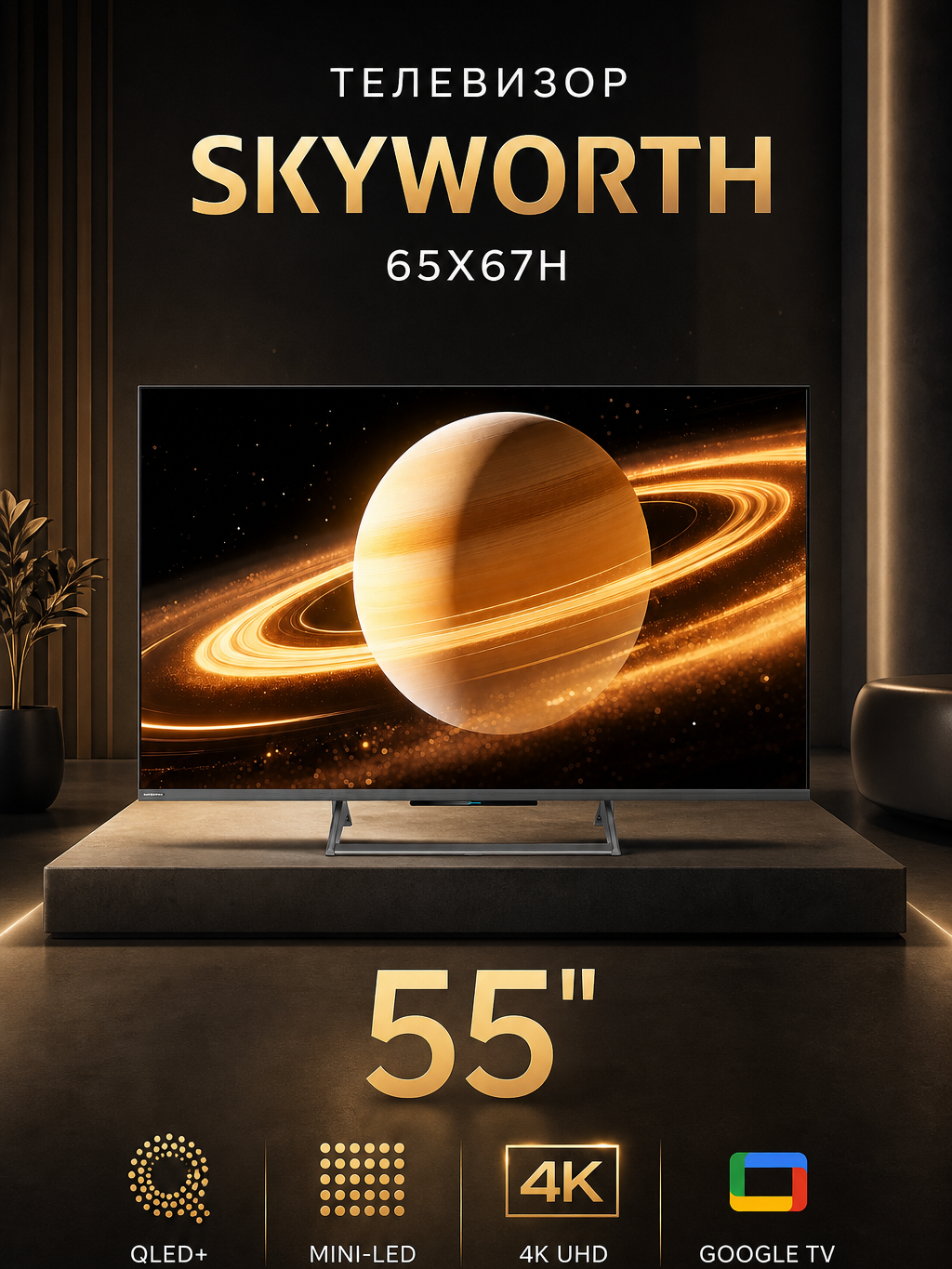 Телевизор Skyworth 55" 55X67H, QLED+, 4K Ultra HD, Google TV, черный