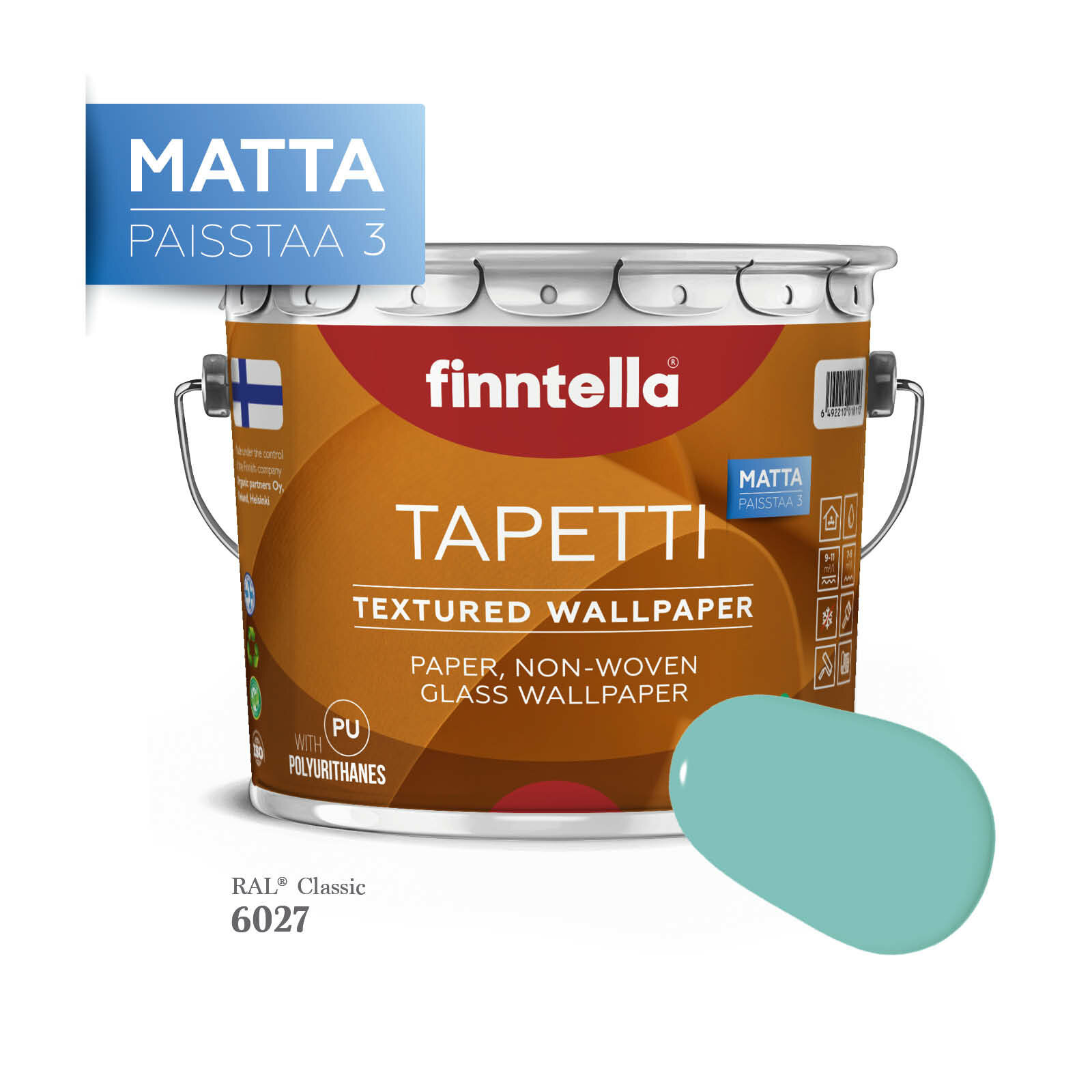 Матовая краска для обоев под окраску TAPETTI Matta FINNTELLA, Цвет RAL 6027 Светло-зеленый (Light green), 2,7л