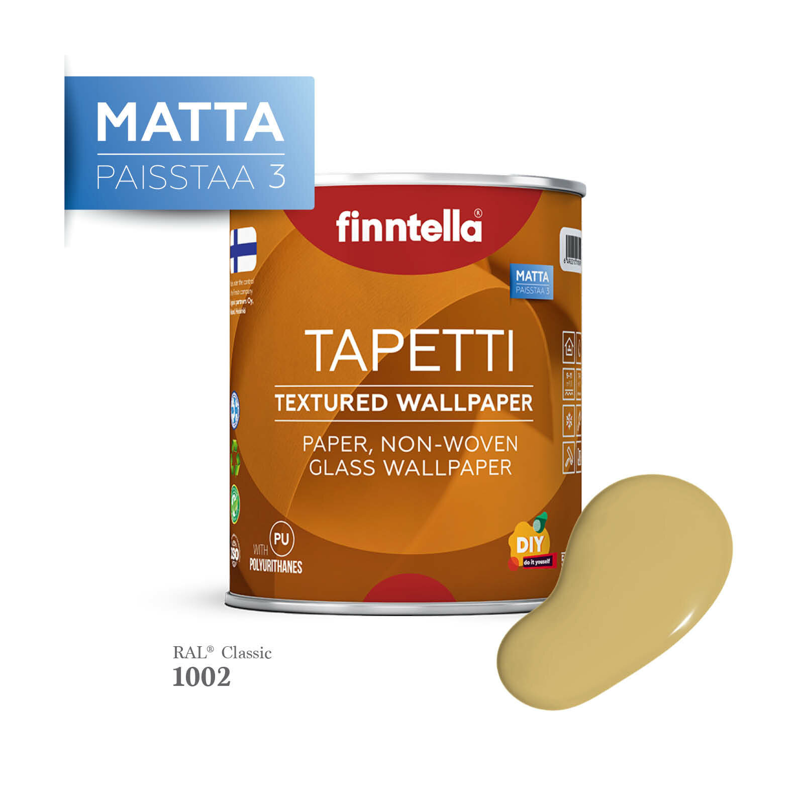 Матовая краска для обоев под окраску TAPETTI Matta FINNTELLA, Цвет RAL 1002 Песочно-желтый (Sand yellow), 0,9л