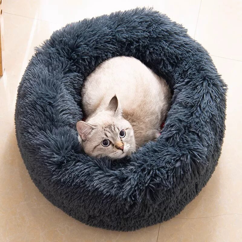 Темно-синий котелок для маленьких кошек, 40 см в диаметре, мягкий плюшевый зимний гнездовой уголок