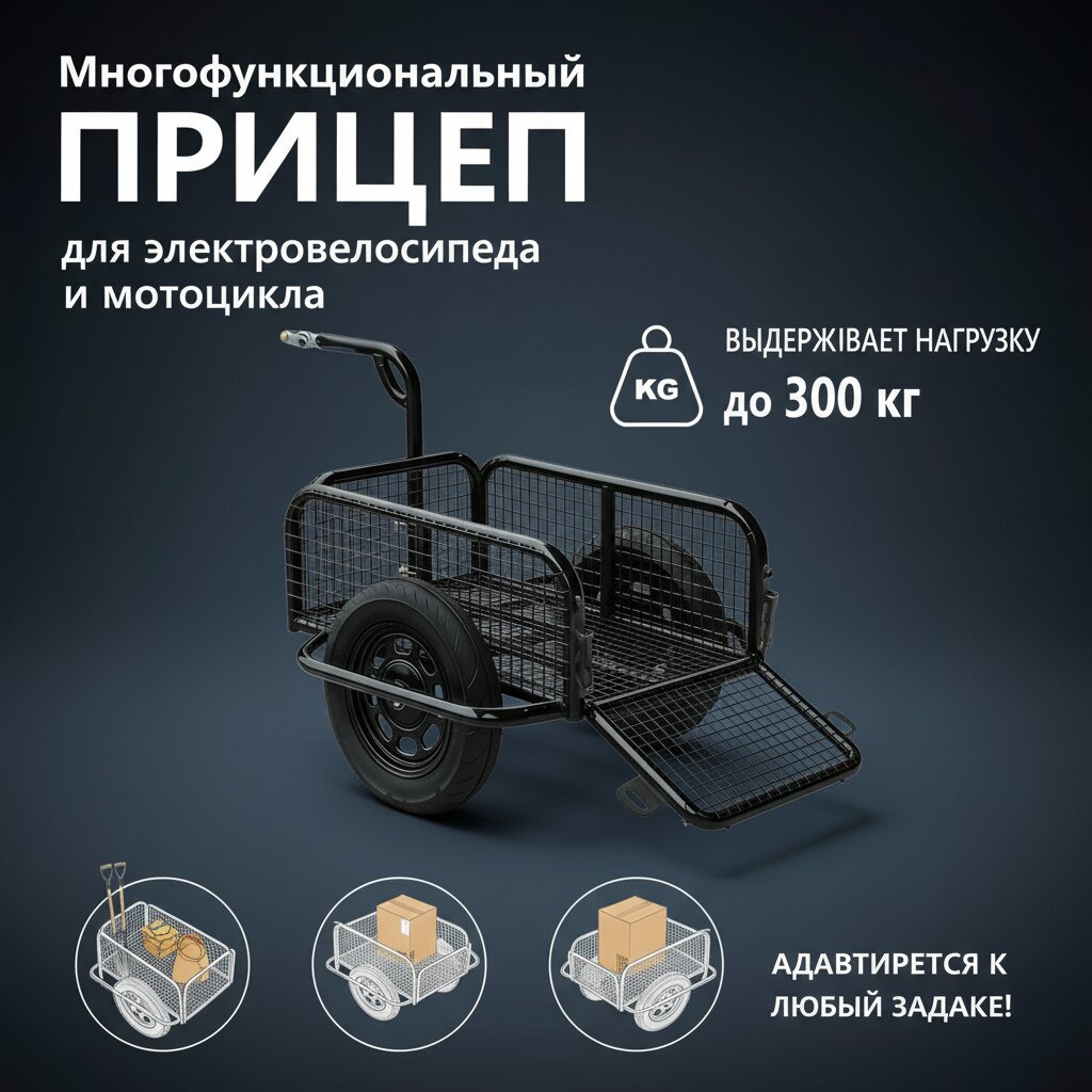 Прицеп на электровелосипеда, черный велокорзина, рассчитан до 300 кг, открывающаяся задняя дверца