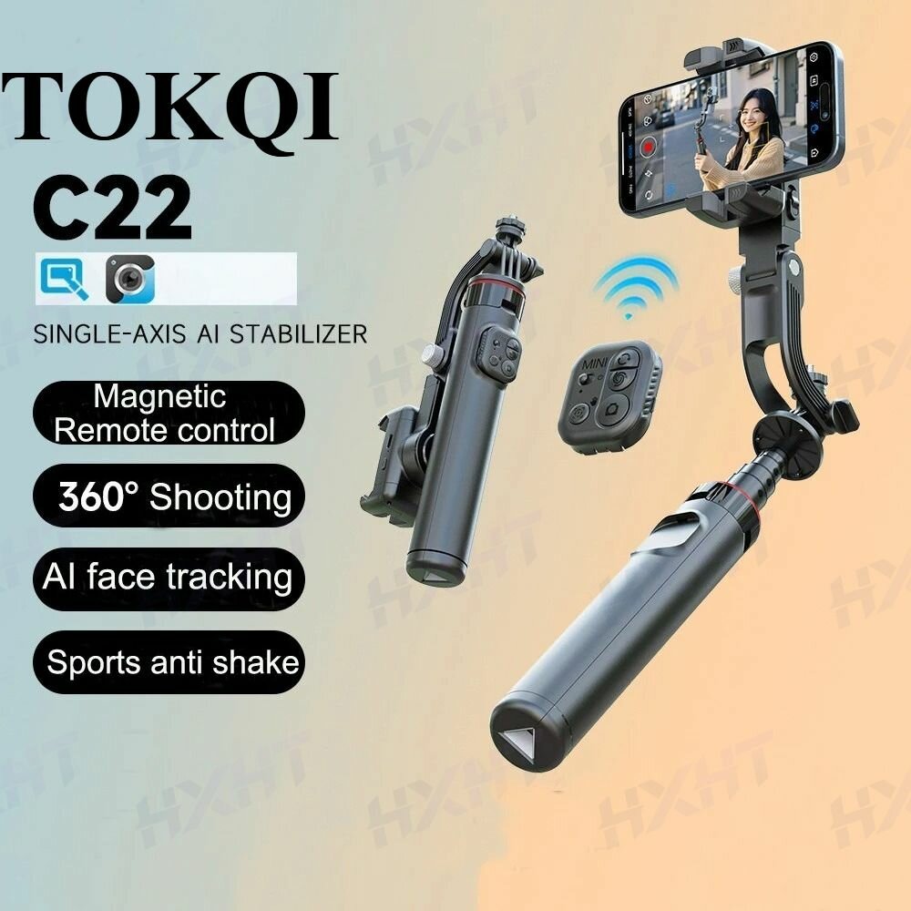 TOKQI C22 Стабилизатор Для Смартфона С Ai-Отслеживанием Лица, 360 Съемкой, Магнитным Пультом И 2-В-1 Штативом-Моноподом Со Стандартной Резьбой 1/4"