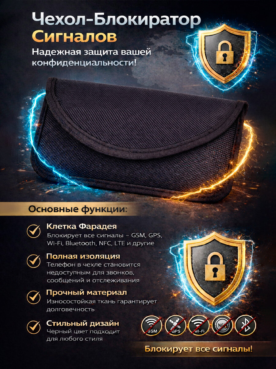 Чехол для телефона экранирующий / Сумка с защитой от излучения радиоволн / Противоугонный кошелек Фарадея для смартфона с отделением для пластиковых карт