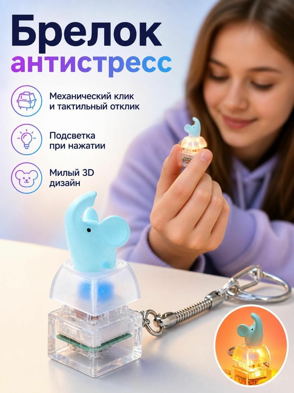 Антистресс клавиатура с подсветкой брелок кейкап