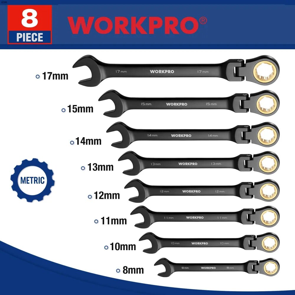 WORKPRO 8-компонентный гаечный ключ с храповым механизмом, черное электрофоретическое покрытие, с вращающимся чехлом