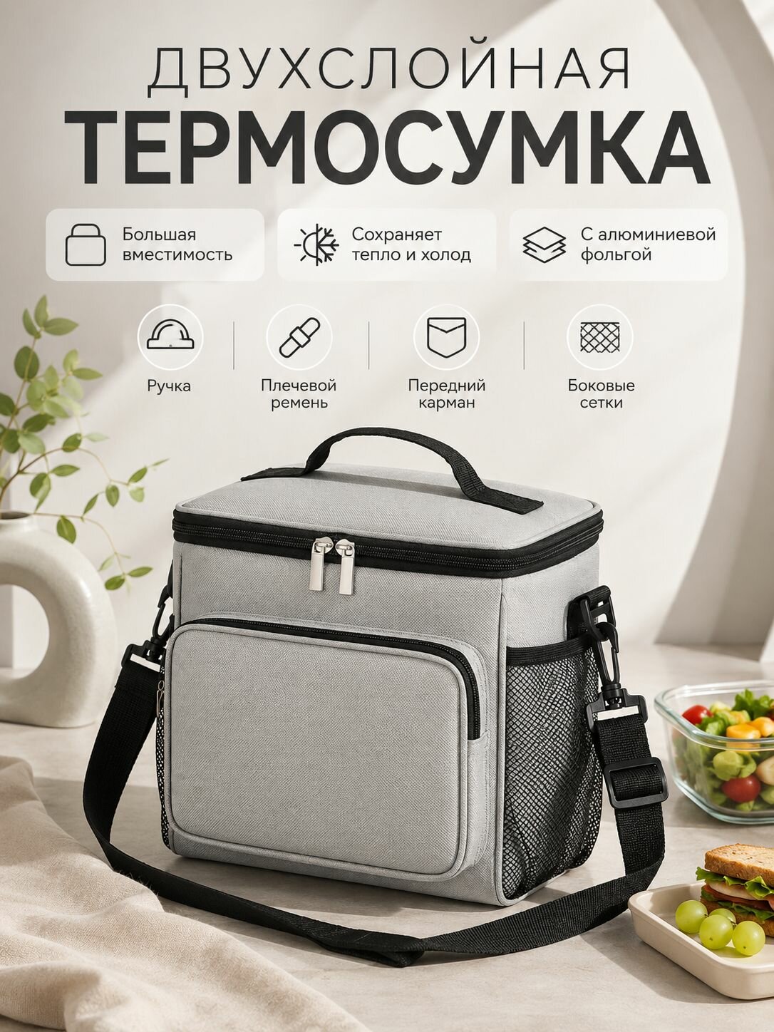 Термосумка-холодильник для еды, двойная термоизоляция с фольгой, водонепроницаемый оксфорд, с ручкой и плечевым ремнём, серая/синяя