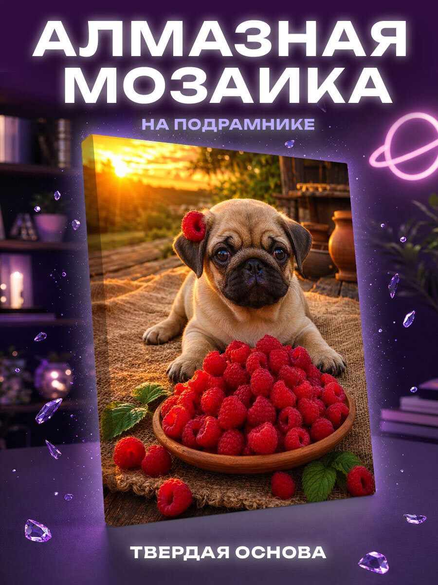 Алмазная мозаика Палевый щенок мопса с малиной