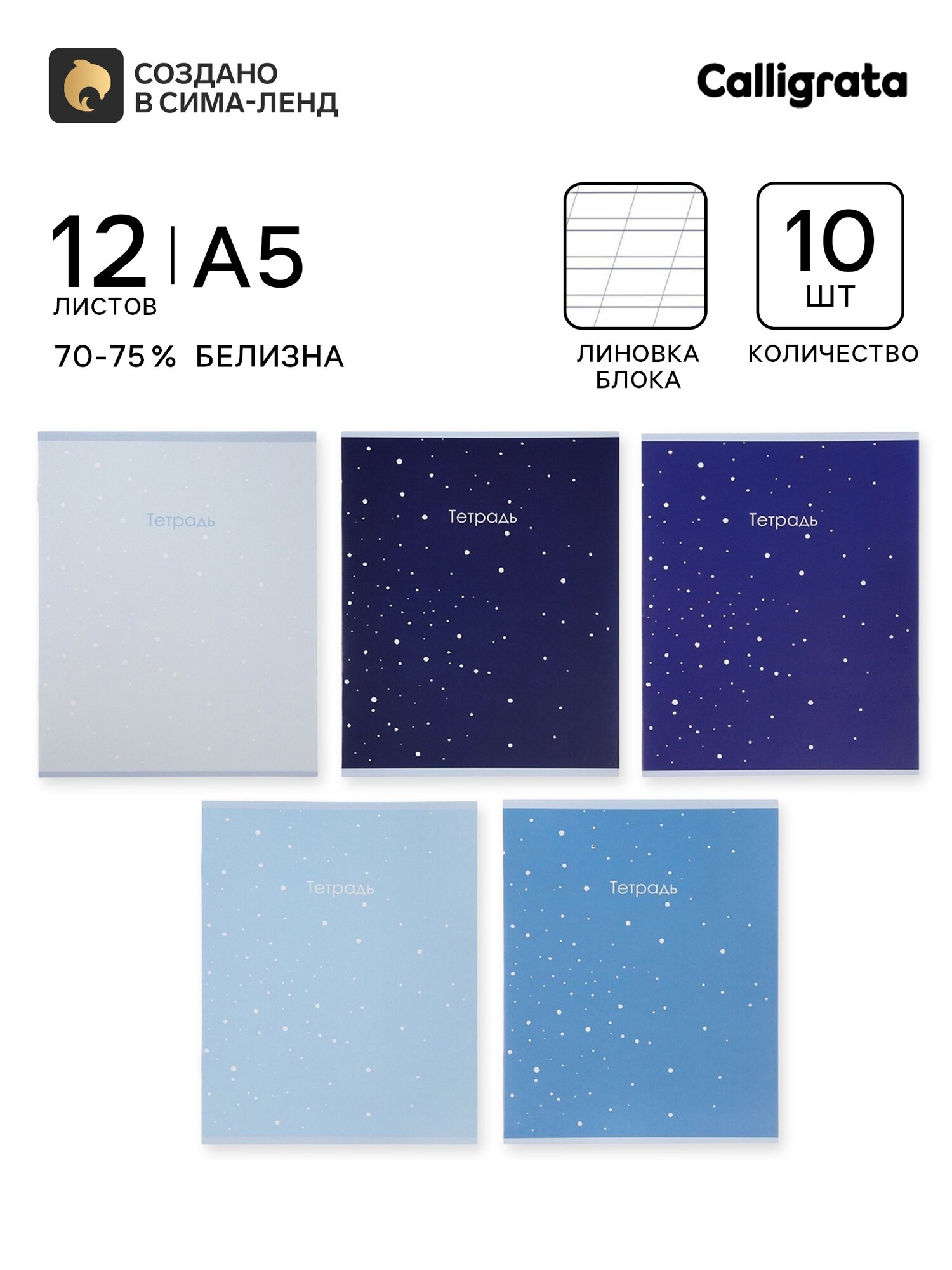 Тетрадь 10 штук, 12 листов в косую линейку Calligrata «Монохром», серые листы, блок №2, 5 видов