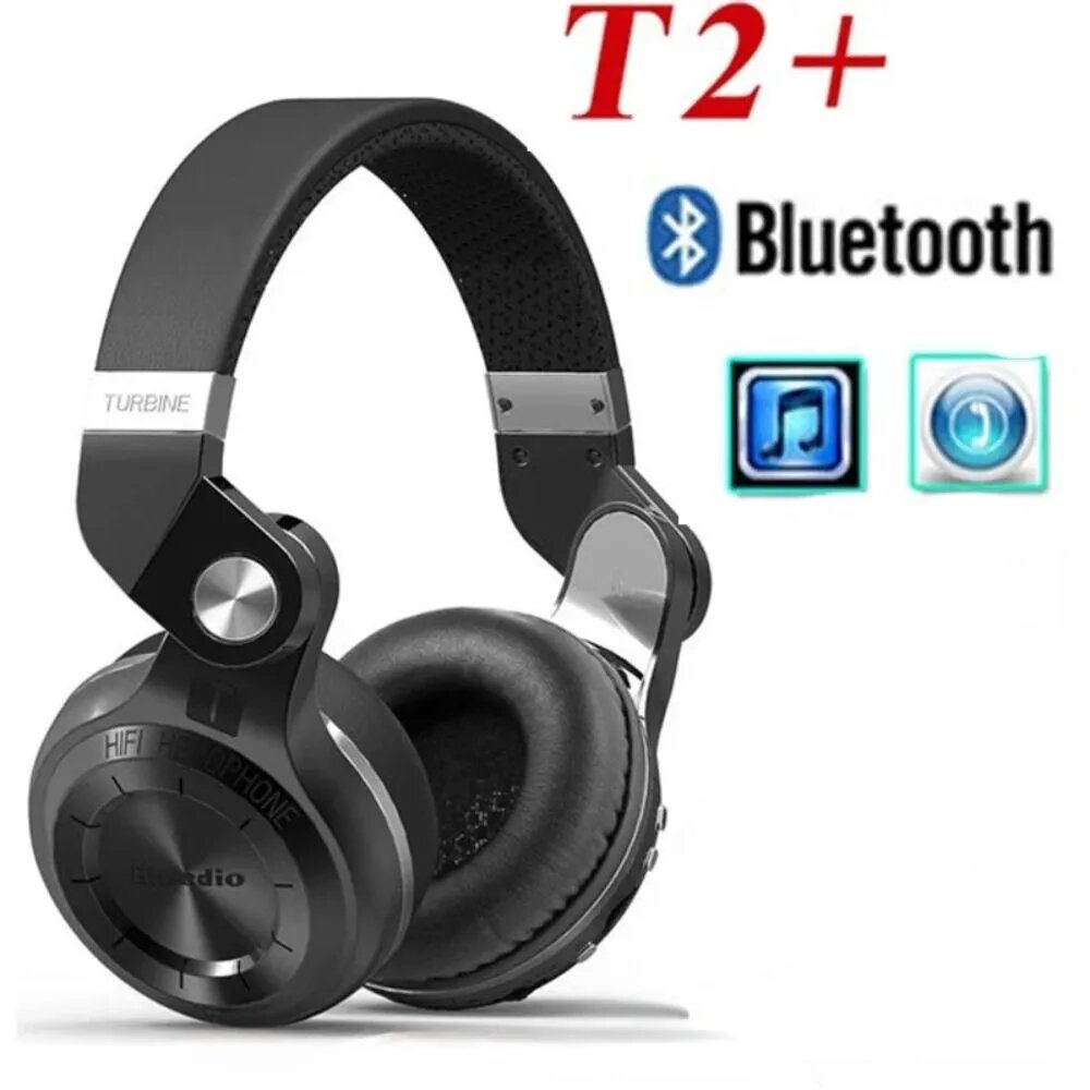 Bluedio Наушники T2+ с микрофоном, Bluetooth, FM, слот TF, черный матовый, накладки