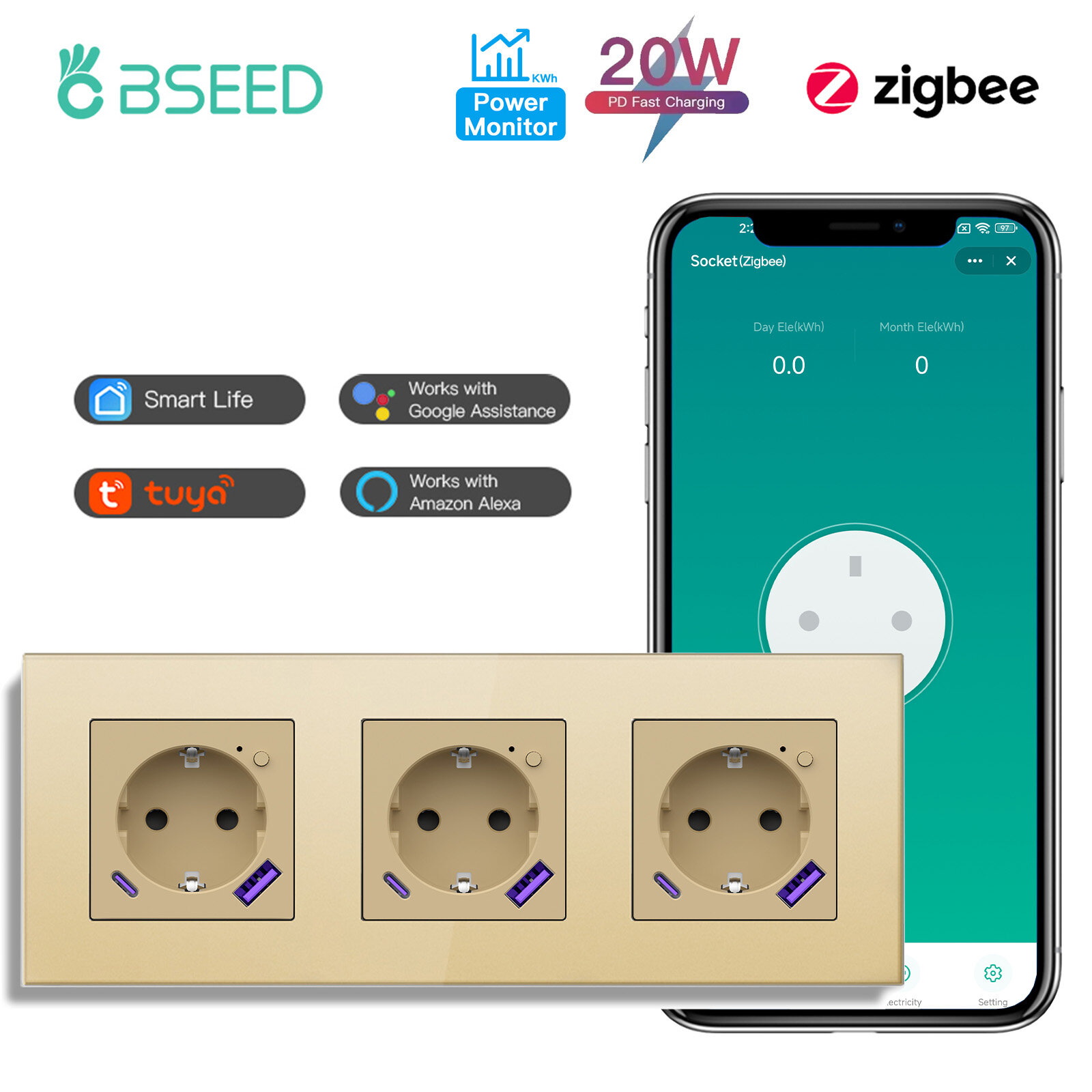 Умная ZIGBEE-розетка с быстрой зарядки 20 Вт через USB и Type-C мониторинг потребления, серия E-TOUCH, стеклянная рамка