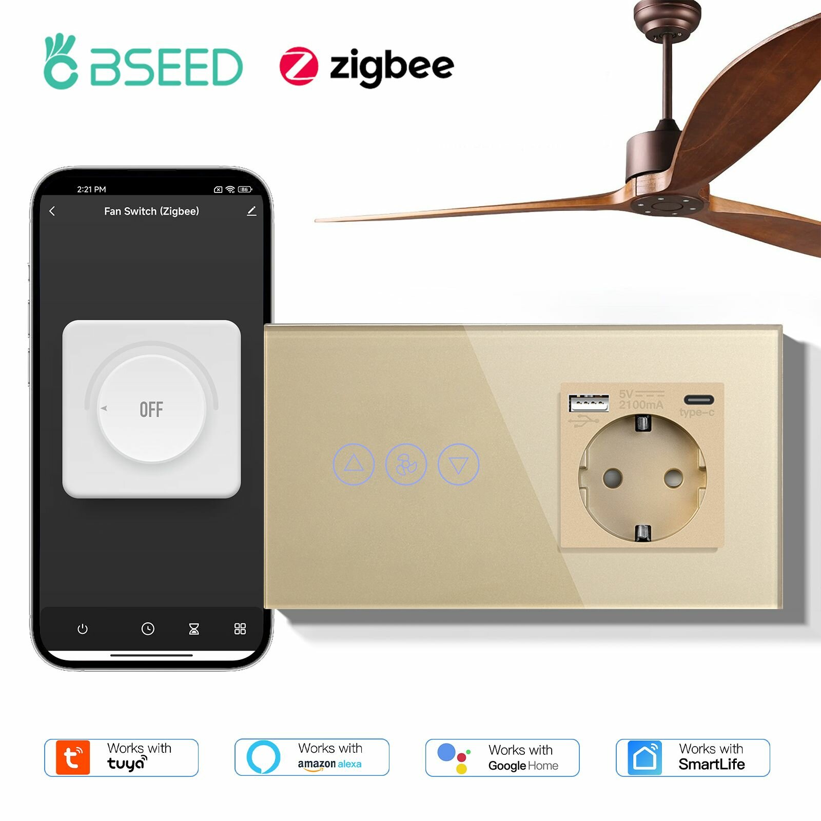 Регулятор скорости вентилятора с розеткой с USB и TYPE-C ZIGBEE 300W