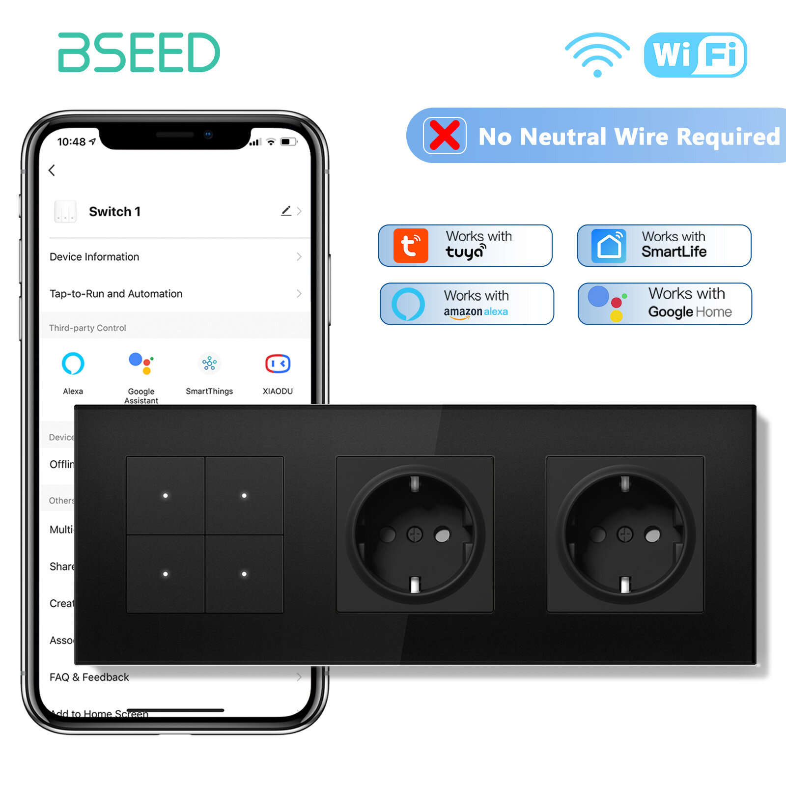 Умный выключатель Без нуля c Алисой, Легко нажать, WIFI, 4 поста (4+2 розетка), стеклянная рамка, 228mm