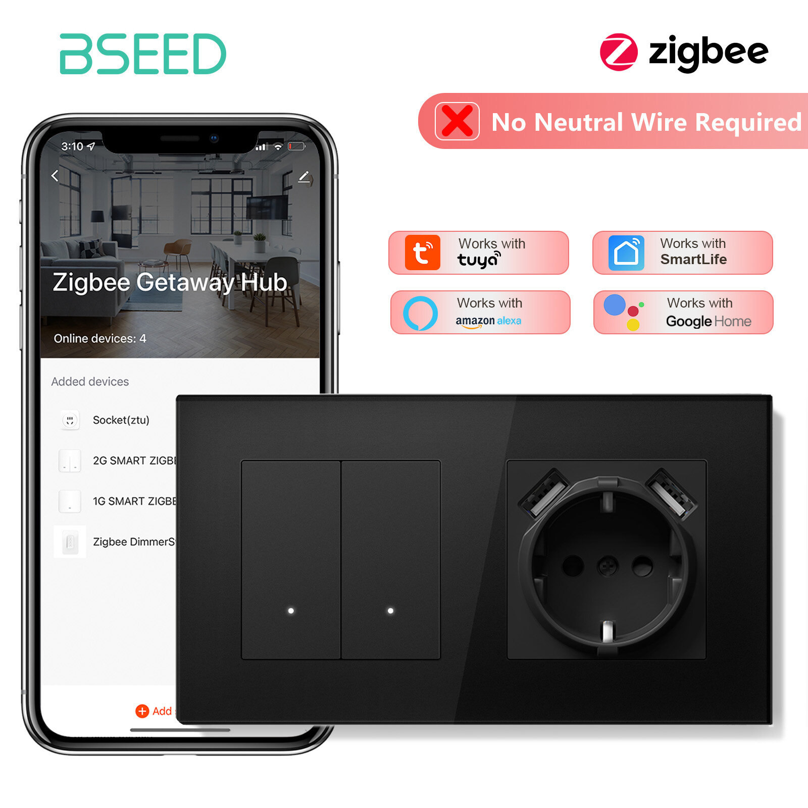 Умный выключатель Без нуля c Алисой, Легко нажать, ZIGBEE, 2 поста (2+1 розетка c 2USB ), панель стекл, 157mm