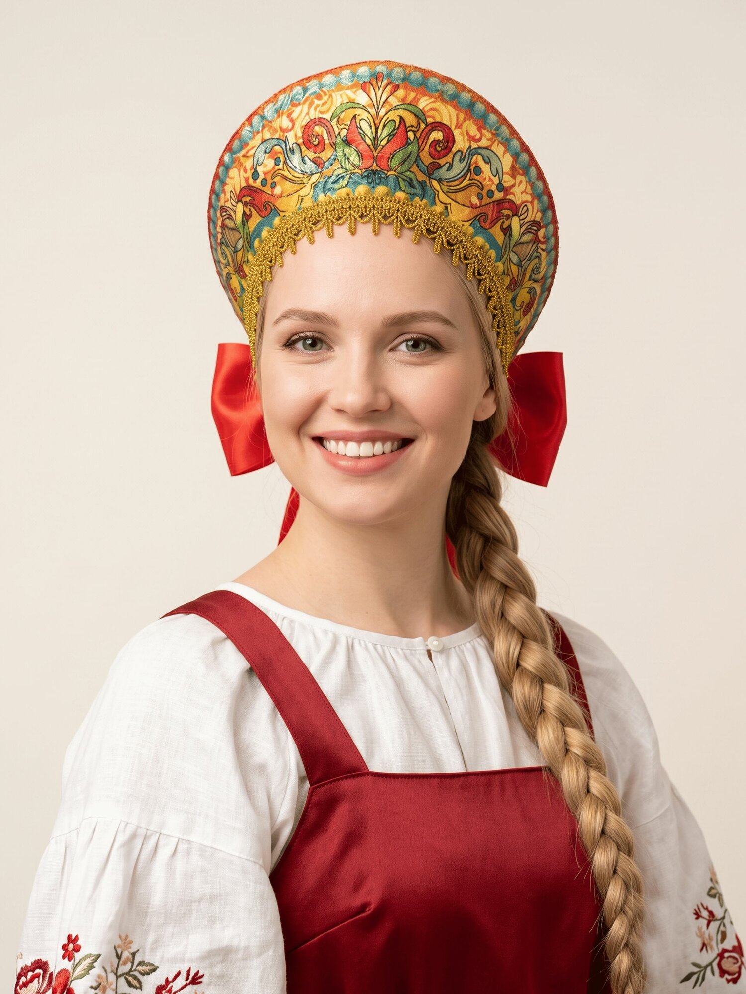 Кокошник красный с узорами и лентой