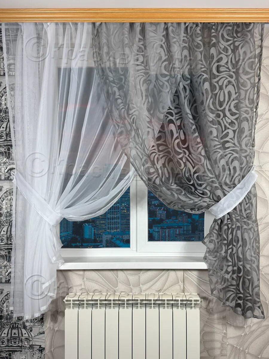 Штора "Красивый Дом 46", тюль арка, серый, 400x180 см, с подхватом