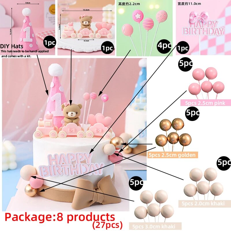 Миниатюрный костюм медведя из ПВХ для украшения торта Розовый, Pink 27pcs set