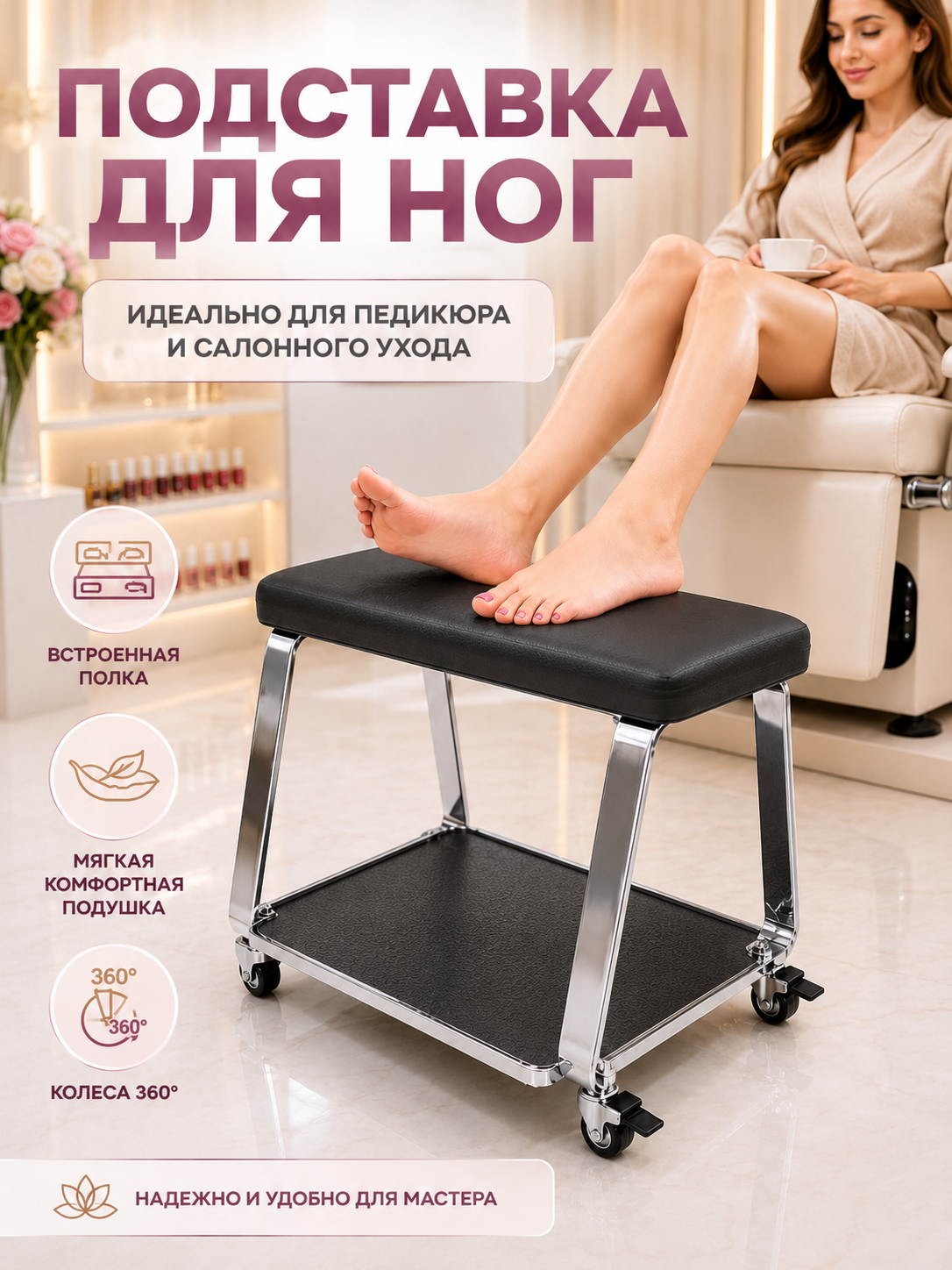 Подставка для ног с прочной металлической основой и съёмными роликами, оснащена дополнительной полкой для хранения принадлежностей при выполнении педикюра