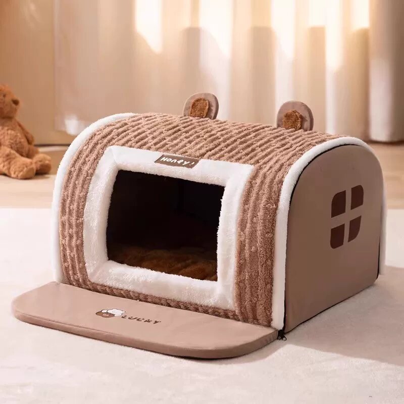 Коричневая медвежья закрытая кошачья кровать S 35x30x30см подходит для собак до 5 фунтов зимнее тепло