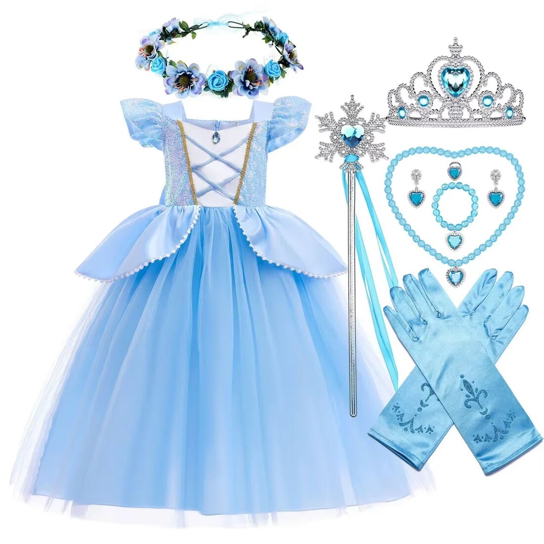 Платье принцессы Диснея синее для девочек 3T(tag 110), Cinderella Set 6