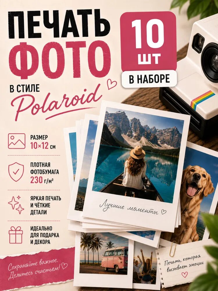 Печать фотографий в стиле Полароид 10шт.