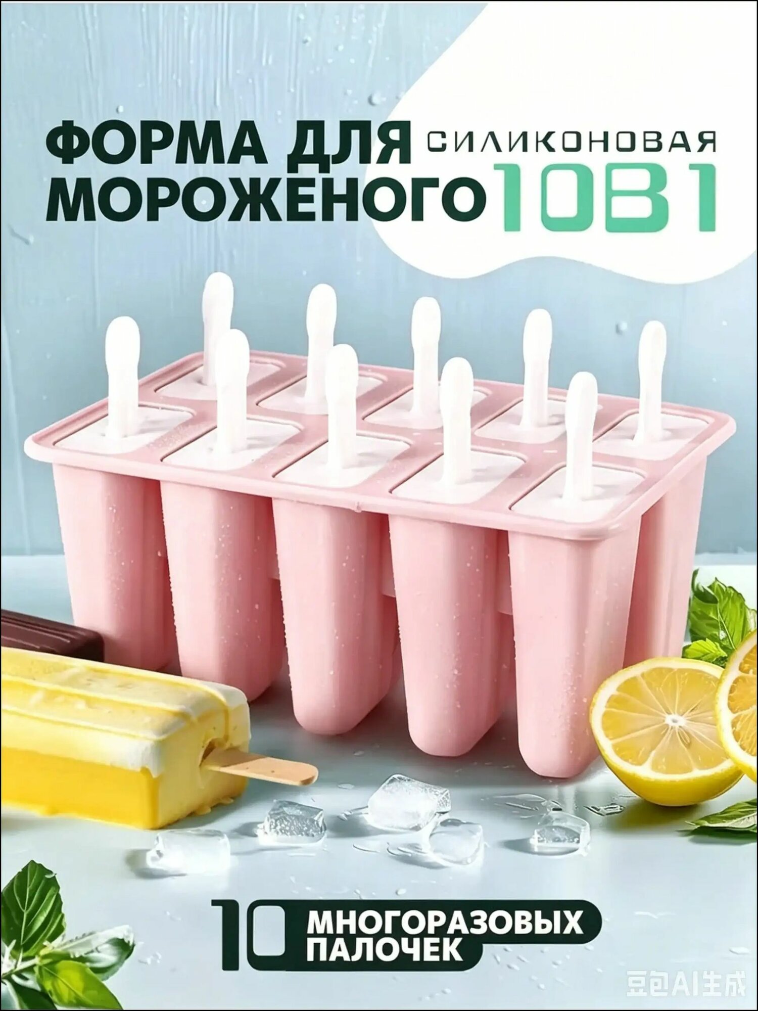 Форма для мороженого светло-розовая, ABS пластик, 1 ячейка, с палочками, 20х14х10 см, для десертов и леденцов