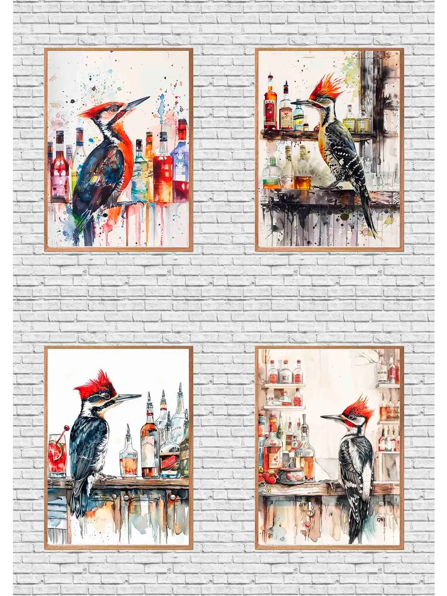 Птица-дятел-Бармен, 4 Плаката, 30x21см