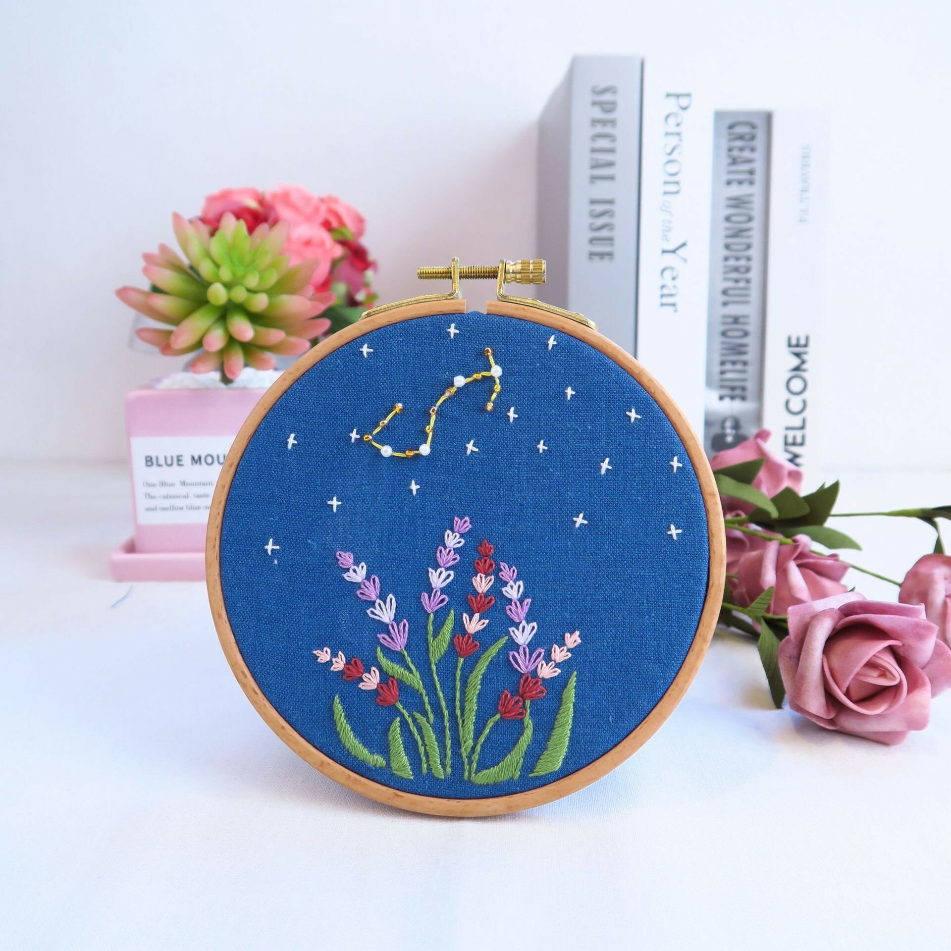 Набор для вышивки DIY для зодиакальной висячей картины - узор Девы в нейтральных тонах, включает 16 см бамбуковый