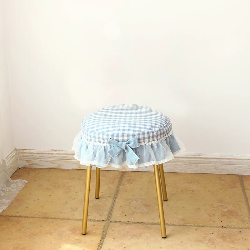 Водно-отбеленный хлопок синяя клетка круглый стул чехол с юбкой, диаметр 35 см, высота 13 см, одна штука
