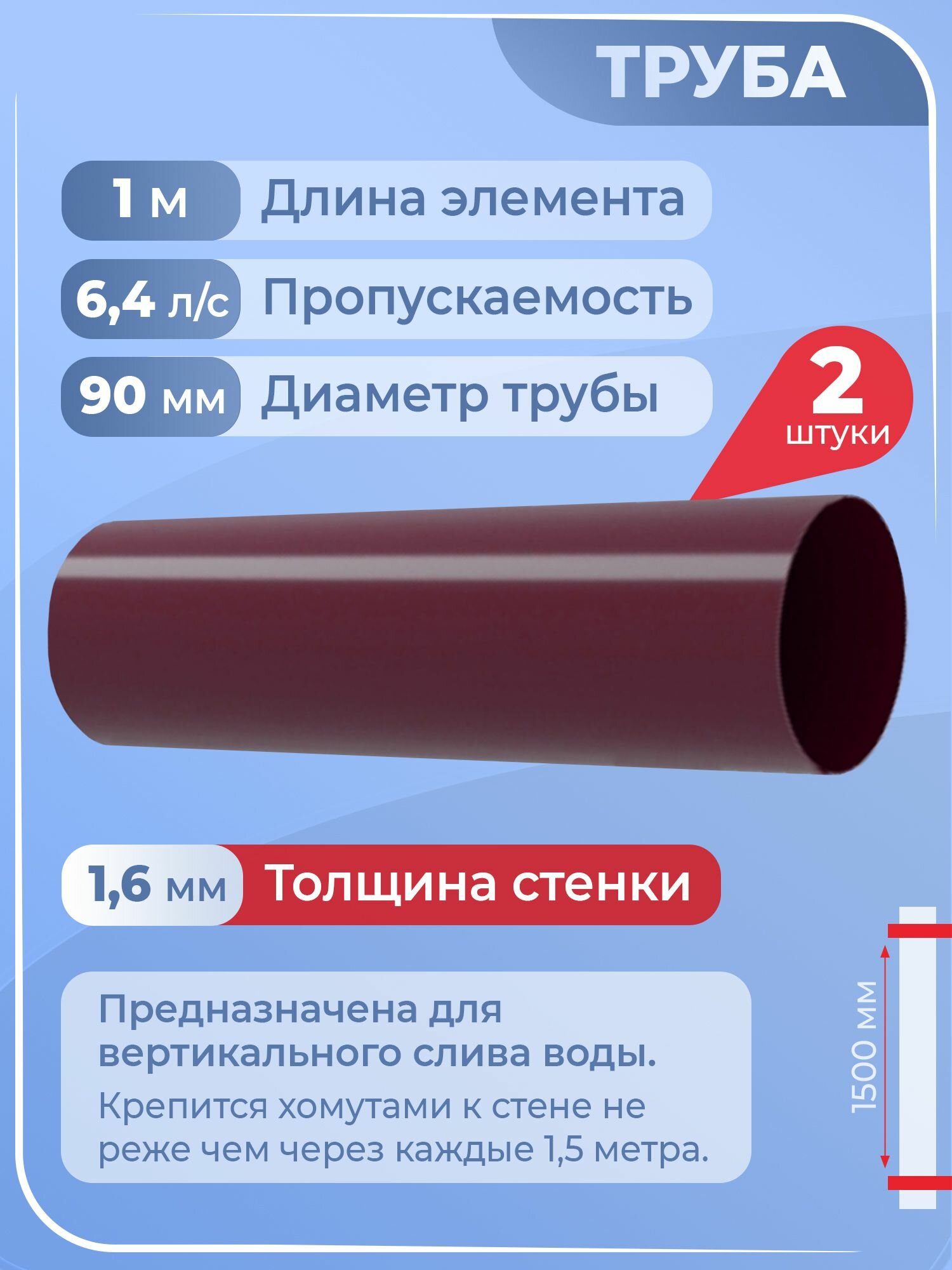 Grand Line Труба 1 м 2 штуки для водосточной системы RAL 3005 ( бордо ) Элемент водостока Гранд (120 мм/90 мм) ПВХ комплект для крыши вишневый