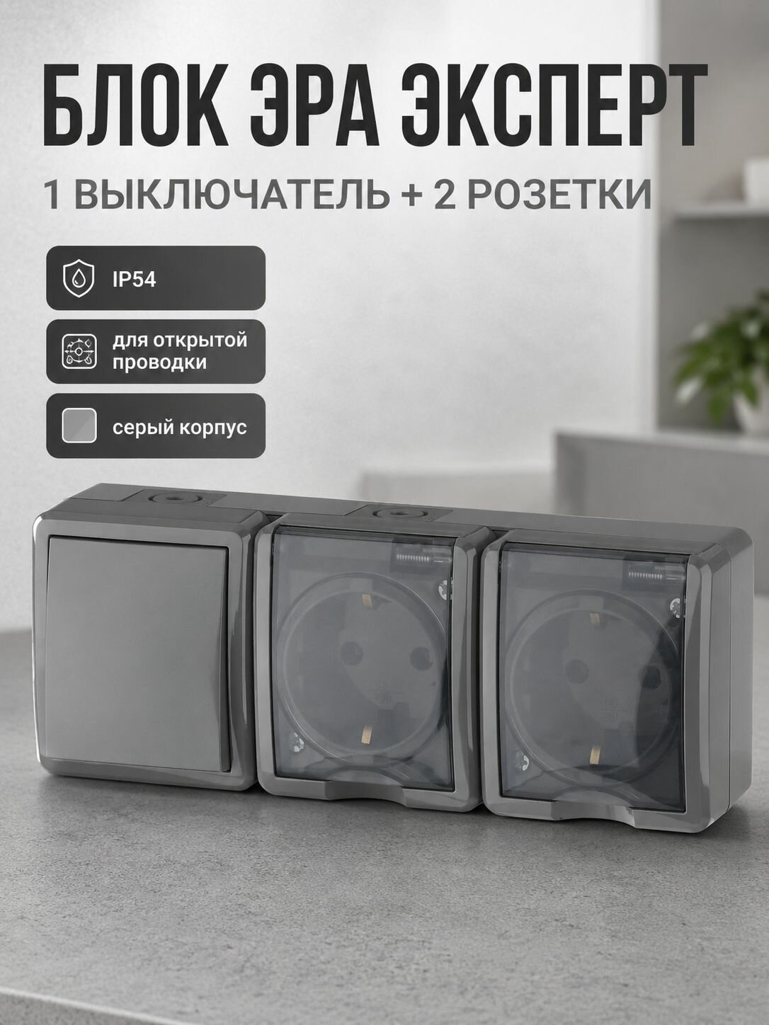 Блок ЭРА Эксперт с выключателем и двумя розетками влагозащищенный IP54