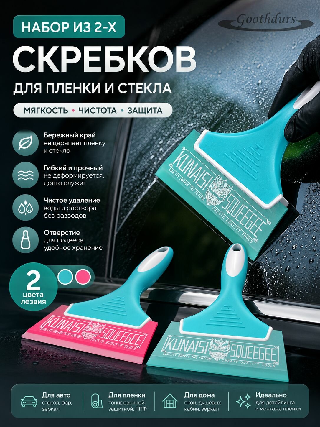 Удобный резиновый ракель для быстрой очистки стекол, Эффективно удаляет воду при мойке и тонировке автомобиля, Компактный размер для легкого хранения