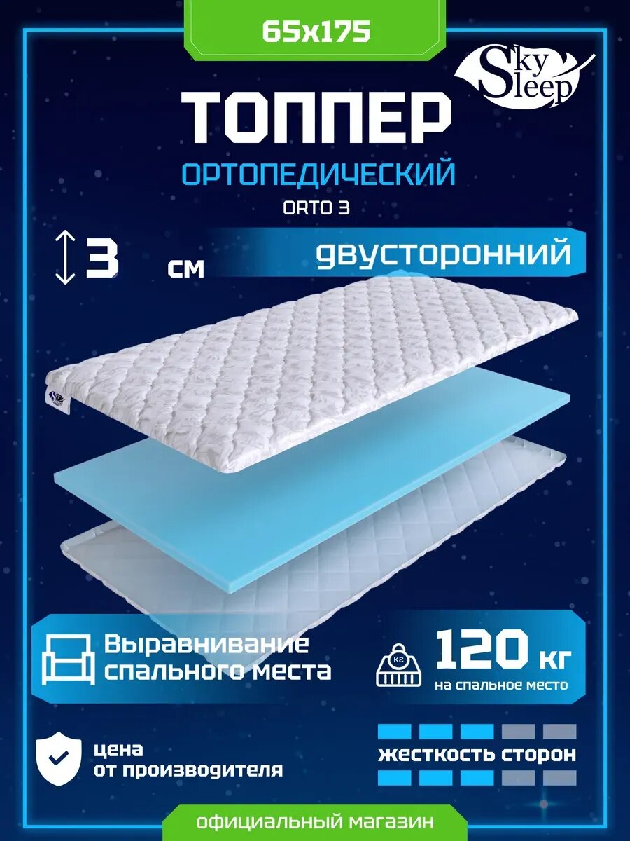 Топпер 65×175 см SkySleep Orto 3, матрас на диван, односпальный, ППУ, беспружинный