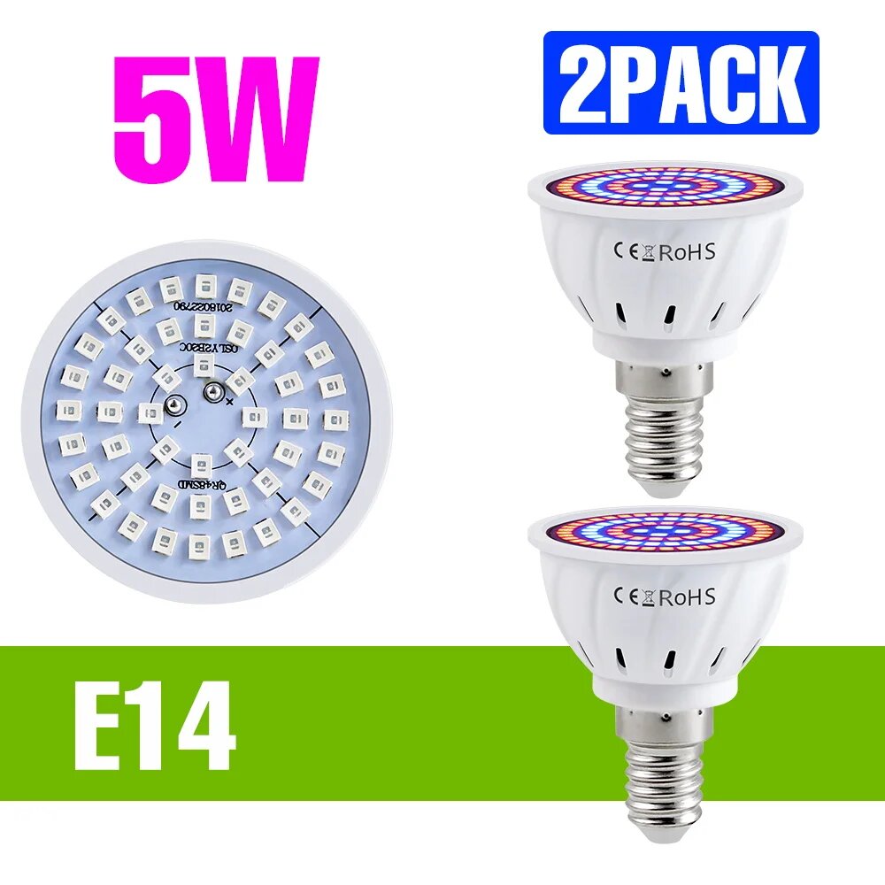 2 шт. 9 Вт светодиодные фитолампы E27 для растений Белый, E14 5W 2pcs