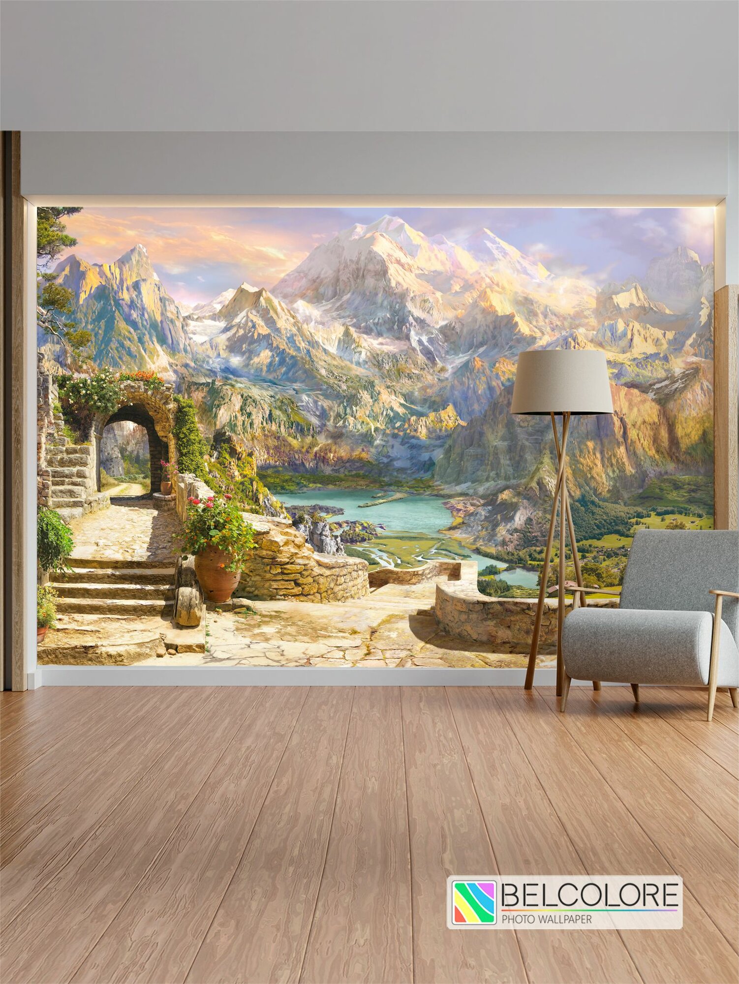 Фотообои на стену флизелиновые 3d, Вид на долину, горы и озеро с каменной террасы, 400х250 см, на кухню, в спальню, рельефные моющиеся