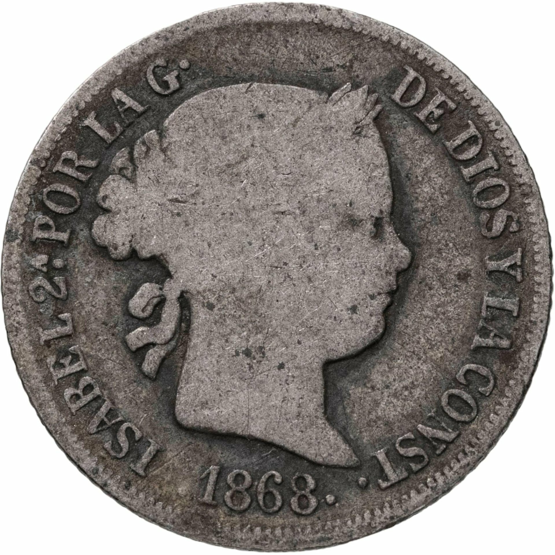 Филиппины, Испанская колония 10 сентимо 1868 Изабелла II, Серебро 900, в сохранности F