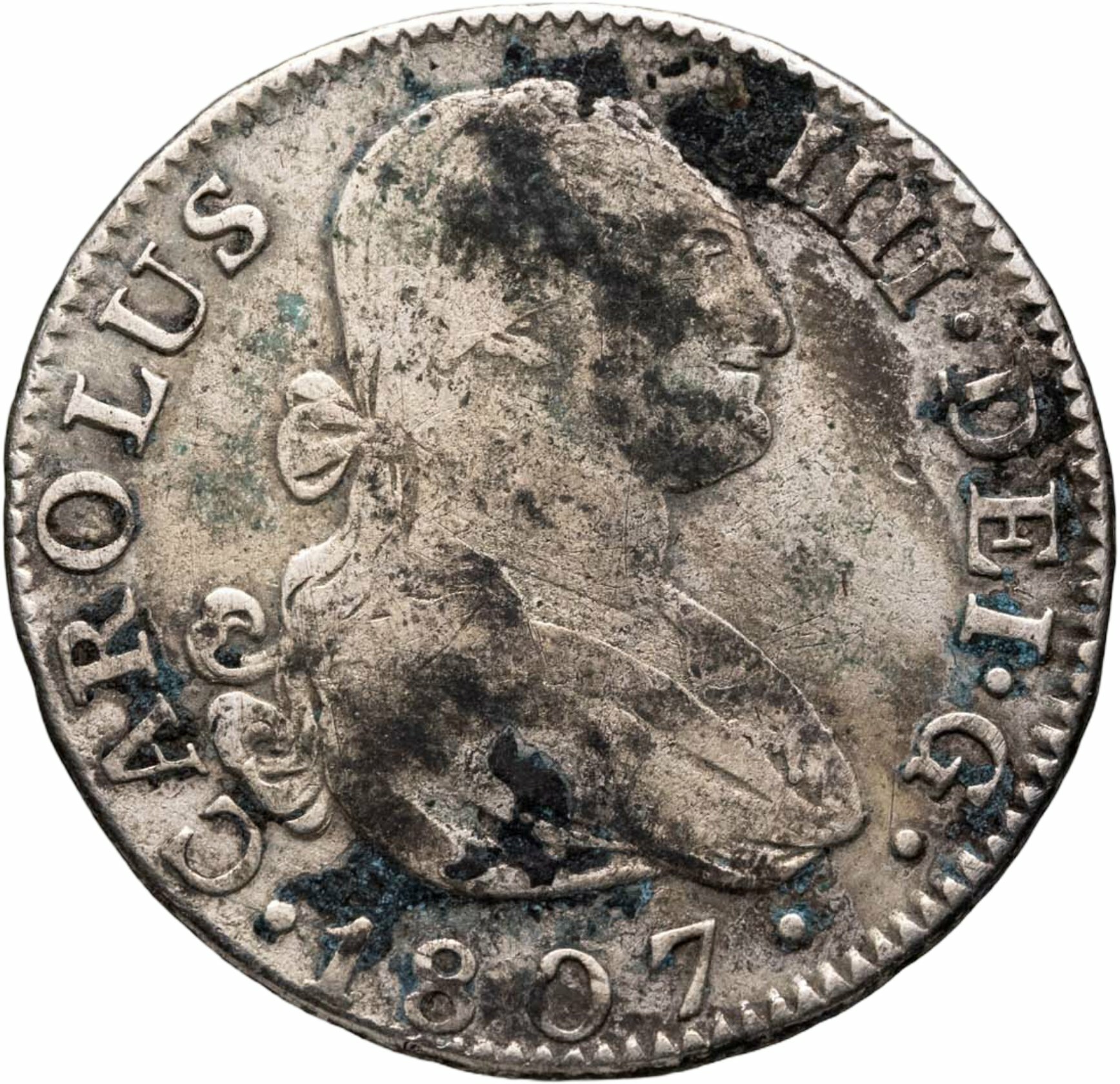 Испания 2 реала 1807 Король Карл IV, знак монетного двора "M" и "FA" - Мадрид, Серебро 812, в сохранности VF