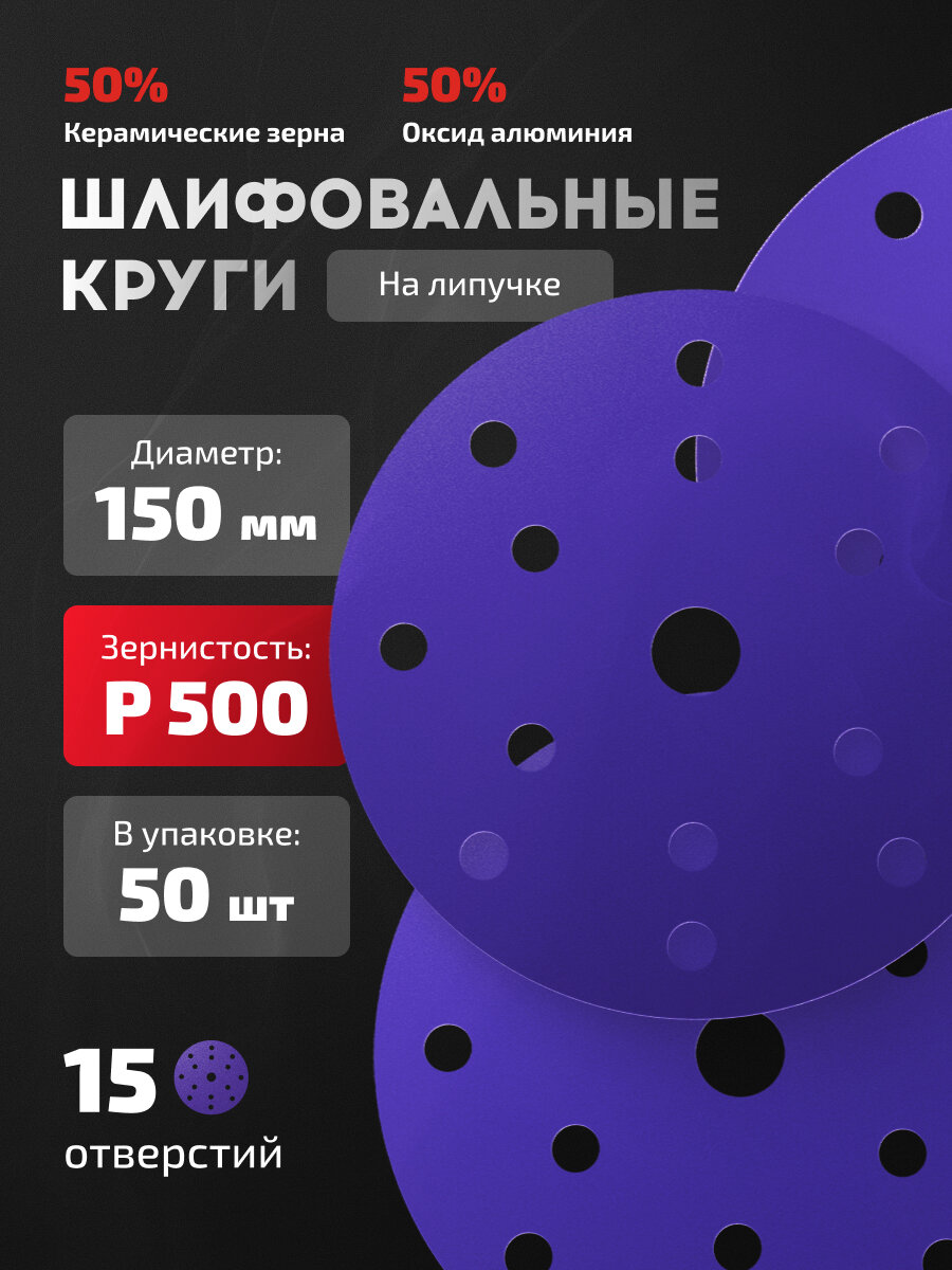 Шлифовальные круги 150 мм на липучке (набор 50 шт) Р500, 15 отверстий, на липучке / FORMEL / диски насадки