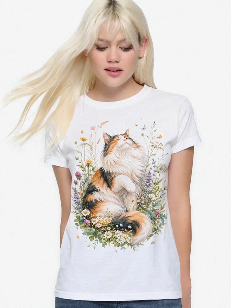 Футболка Котик в цветах / Женская