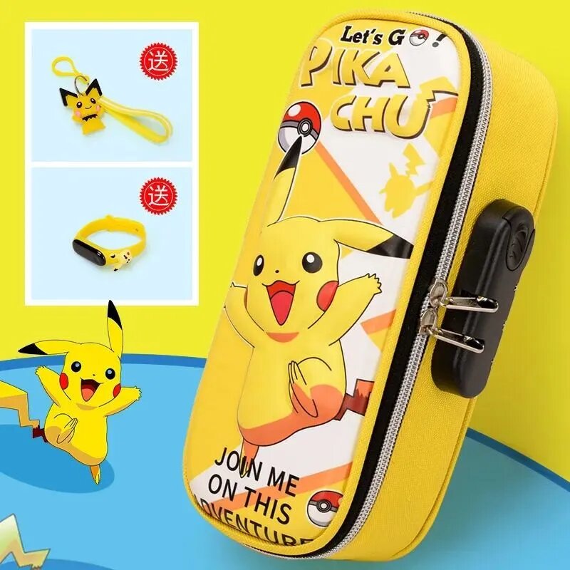 Пенал Pokemon Pikachu - 4-х секционный, водонепроницаемый, для школы (с брелоком и часами в подарок) для мальчиков и девочек