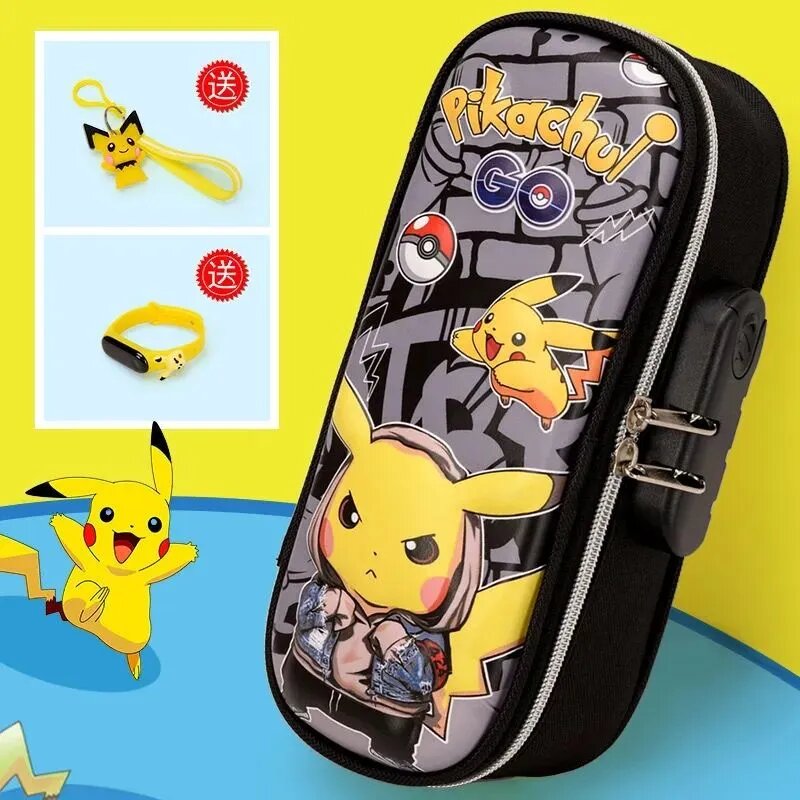 Пенал Pokemon Pikachu - 4-х секционный, водонепроницаемый, для школы (с брелоком и часами в подарок) для мальчиков и девочек