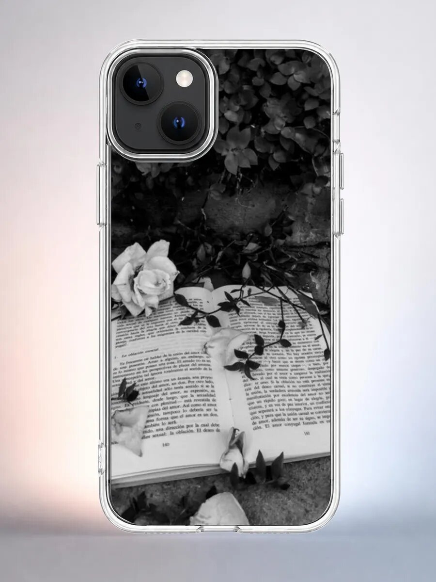Чехол iPhone 15 Розы и книга силиконовый прозрачный