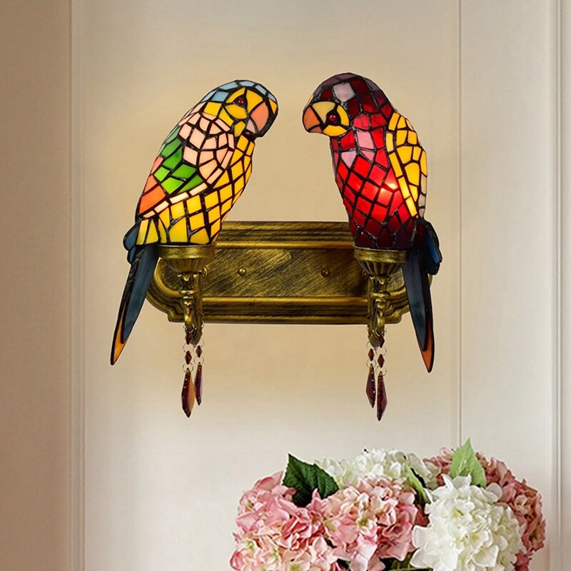 Outiffany Parrot прикроватная лампа для спальни, Витражное Стекло, гостиная, Бар, Гостиничный Коридор, Двуглавый Хрустальный настенный светильник