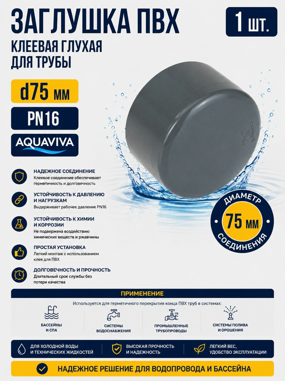 Заглушка ПВХ для трубы d75 мм клеевая для бассейна и водопровода фитинг глухая / 1 шт.