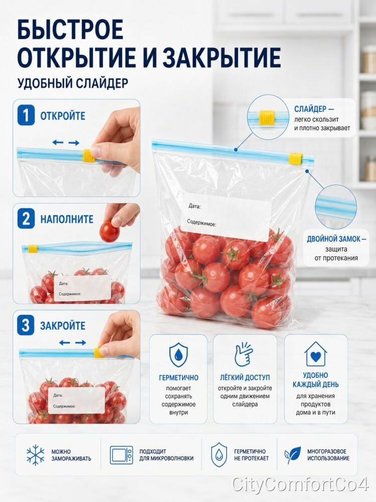 Зип пакеты CityComfortCo4 многоразовые, герметичный слайдер, 30 шт в наборе, 26.5×30 см, для хранения, заморозки и микроволновки, пакеты для продуктов — фото 1