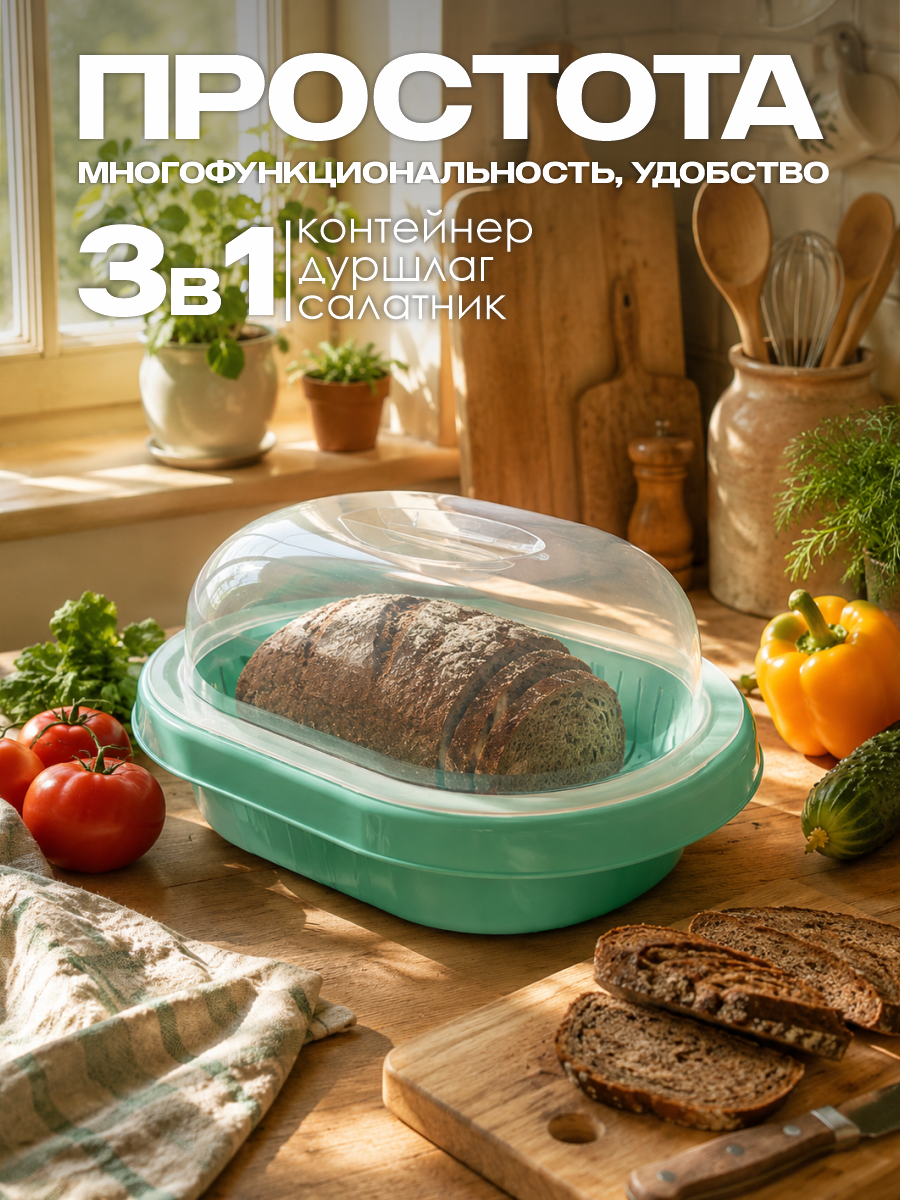 Многофункциональная хлебница 3-в-1, изготовлена из пищевого полипропилена (ПП). мятный — фото 1